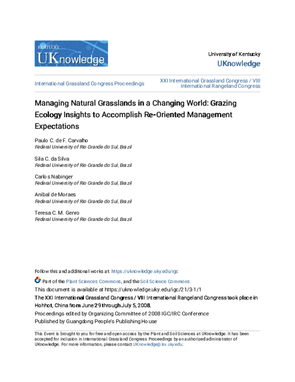 (PDF) Managing natural grasslands in a changing world: grazing ecology ...