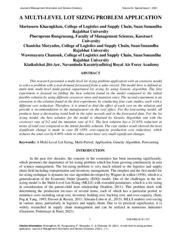 (PDF) A Multi-Level Lot Sizing Problem Application