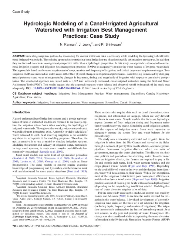 (PDF) Hydrologic Modeling of a Canal-Irrigated Agricultural Watershed ...