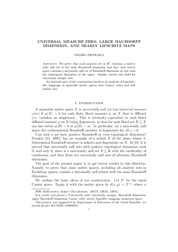 (PDF) Universal measure zero, large Hausdorff dimension, and nearly ...