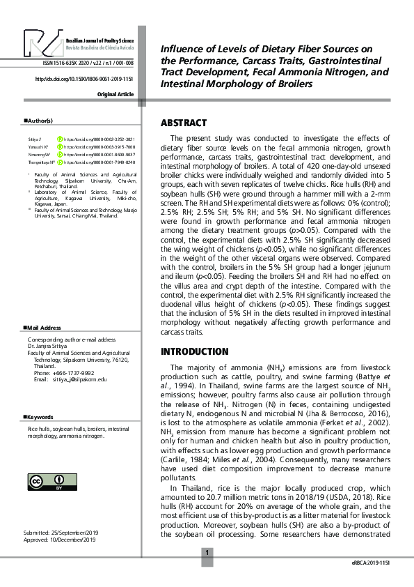(PDF) Influence of Levels of Dietary Fiber Sources on the Performance ...
