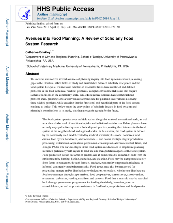 (PDF) Avenues into Food Planning: A Review of Scholarly Food System ...