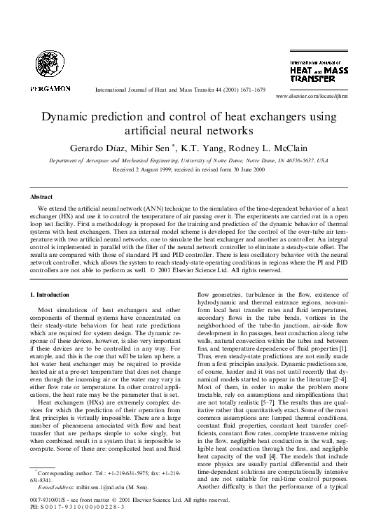(PDF) Dynamic prediction and control of heat exchangers using artificial neural networks