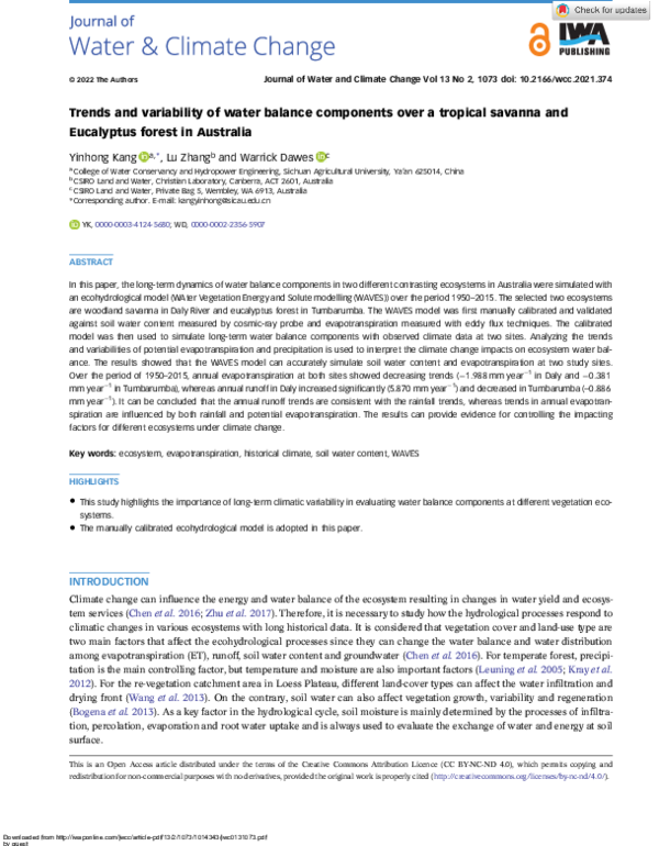 (PDF) Trends and variability of water balance components over a ...