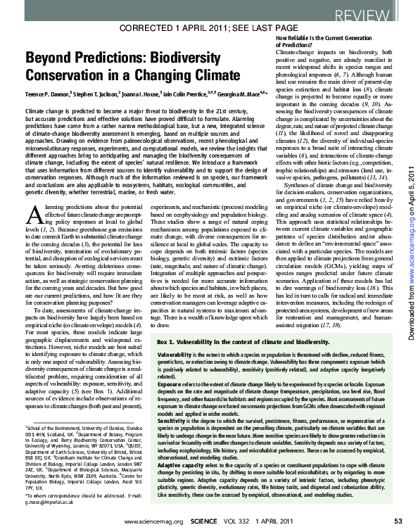 (PDF) Beyond Predictions: Biodiversity Conservation in a Changing Climate