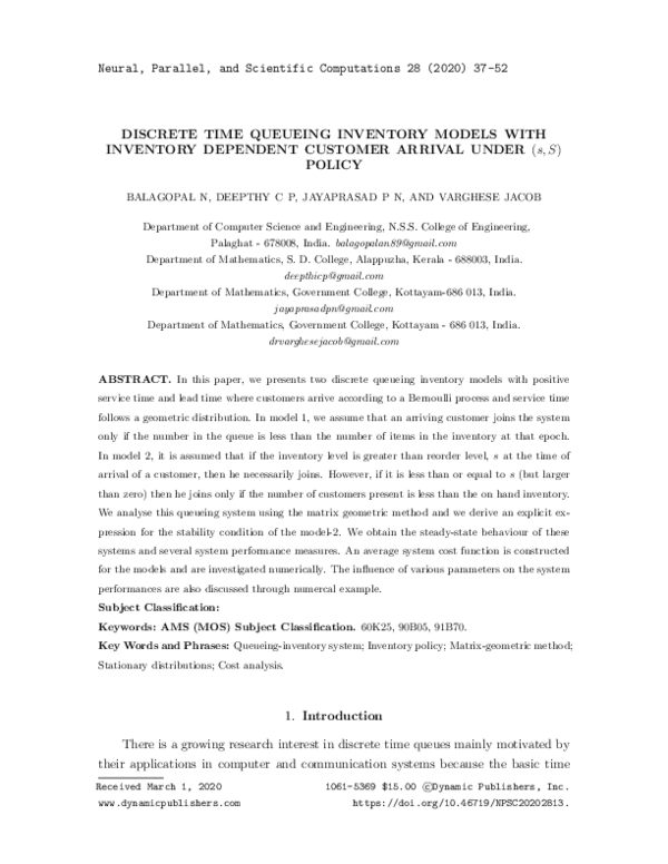 (PDF) Discrete Time Queueing Inventory Models with Inventory Dependent Customer Arrival Under (s; S)