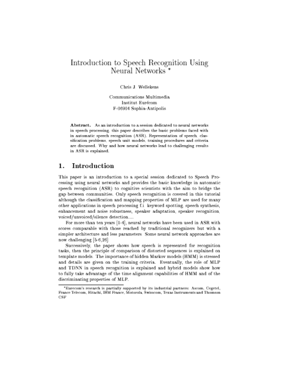 (PDF) Introduction to Speech Recognition Using Neural Networks