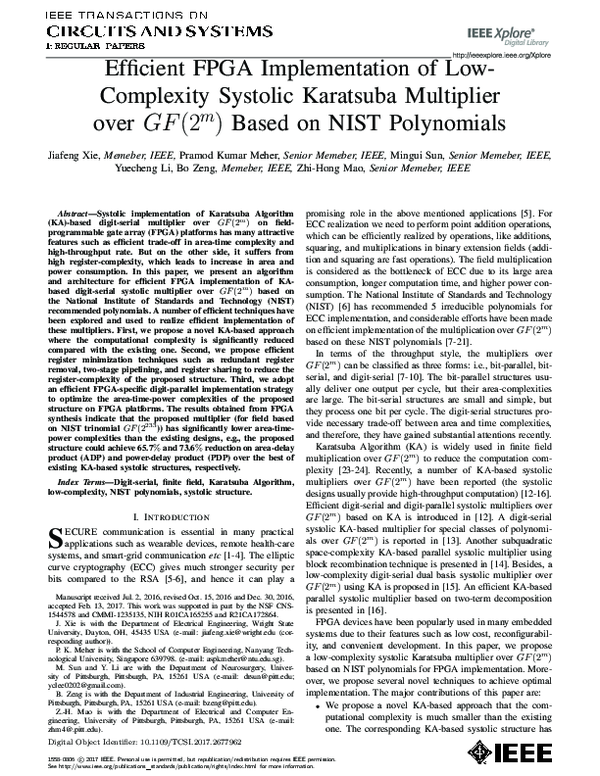 Pdf Efficient Fpga Implementation Of Low Complexity Systolic Karatsuba Multiplier Over Gf 2