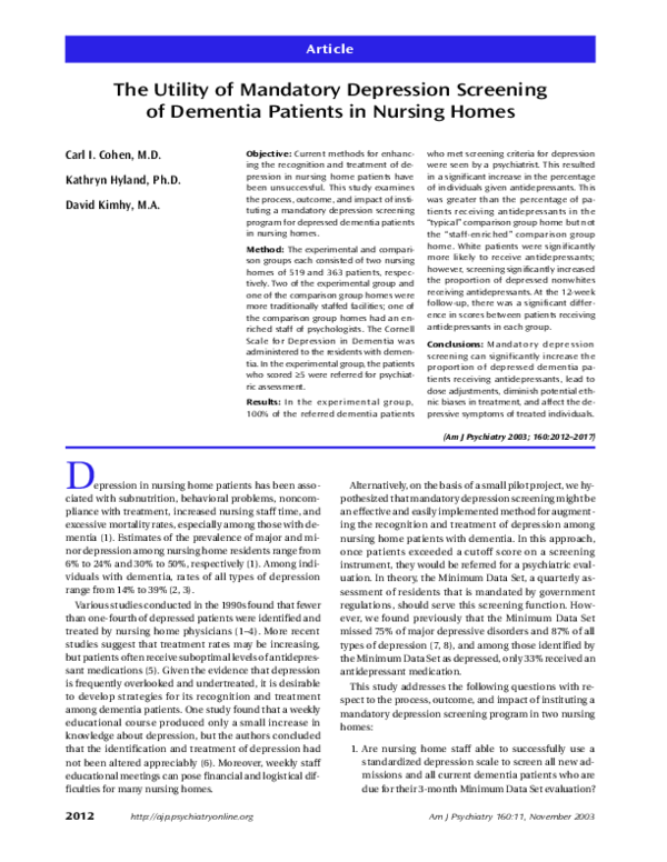 (PDF) The Utility of Mandatory Depression Screening of Dementia ...