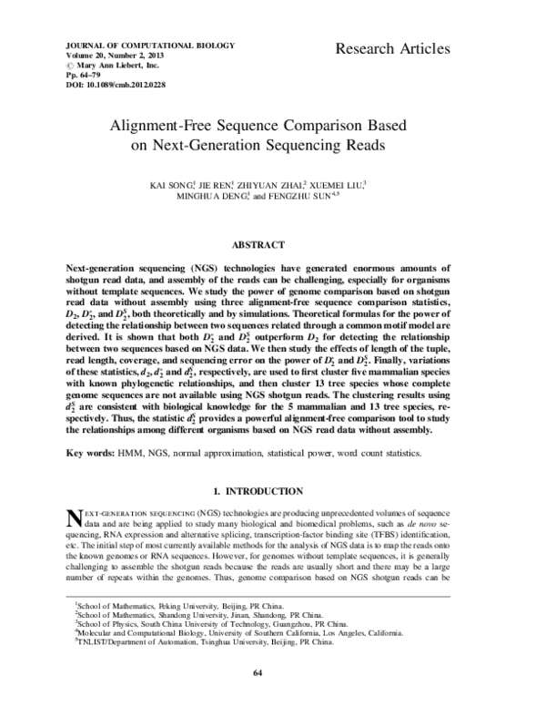 (PDF) Alignment-Free Sequence Comparison Based on Next-Generation Sequencing Reads