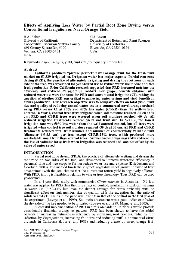 Pdf Effects Of Applying Less Water By Partial Root Zone Drying Versus