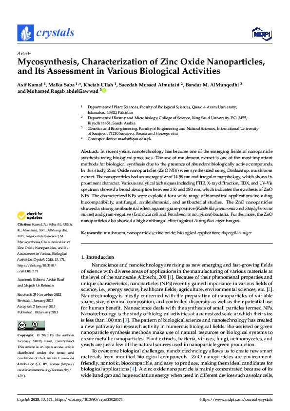 (PDF) Mycosynthesis, Characterization of Zinc Oxide Nanoparticles, and Its Assessment in Various ...