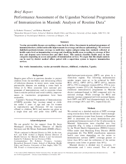 (PDF) Performance Assessment of the Ugandan National Programme of Immunization in Masindi ...