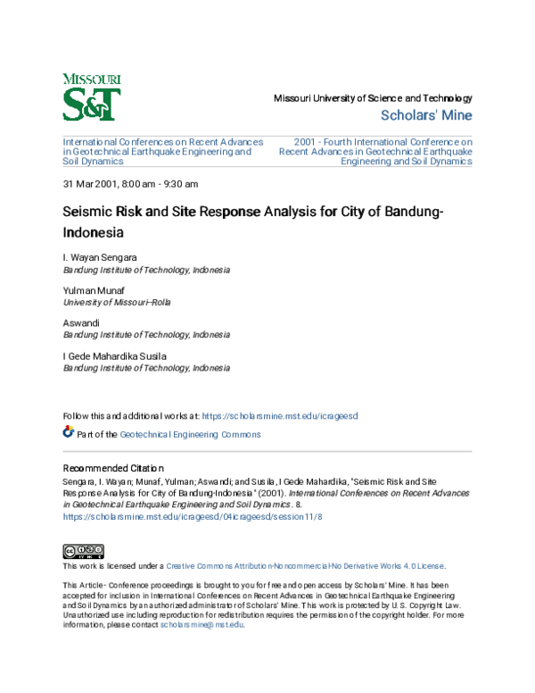 (PDF) Seismic Risk and Site Response Analysis for City of Bandung-Indonesia