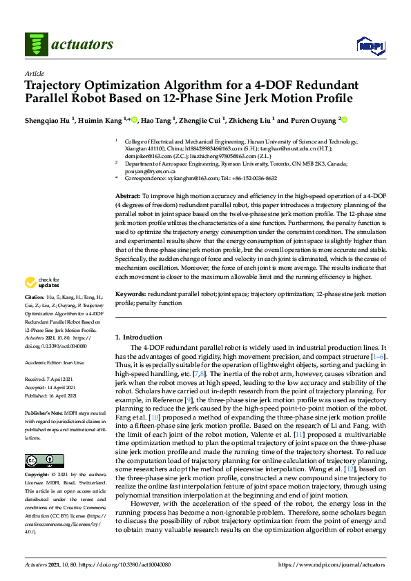 Pdf Trajectory Optimization Algorithm For A 4 Dof Redundant Parallel Robot Based On 12 Phase