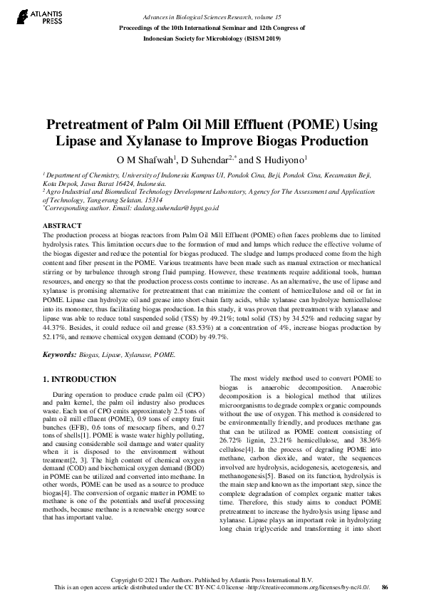(PDF) Pretreatment of Palm Oil Mill Effluent (POME) Using Lipase and Xylanase to Improve Biogas ...