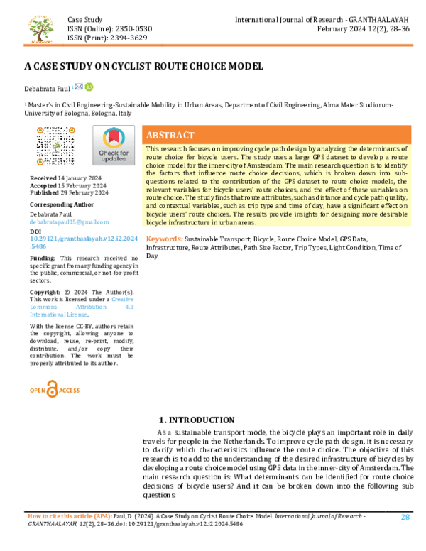 (PDF) A CASE STUDY ON CYCLIST ROUTE CHOICE MODEL