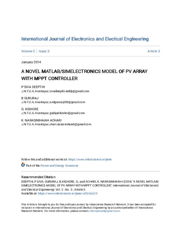 (PDF) A Novel Matlab/Simelectronics Model of PV Array with MPPT Controller
