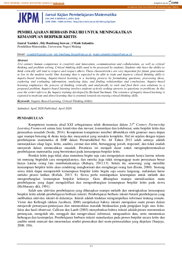 (PDF) Pembelajaran Berbasis Inkuiri Untuk Meningkatkan Kemampuan Berpikir Kritis