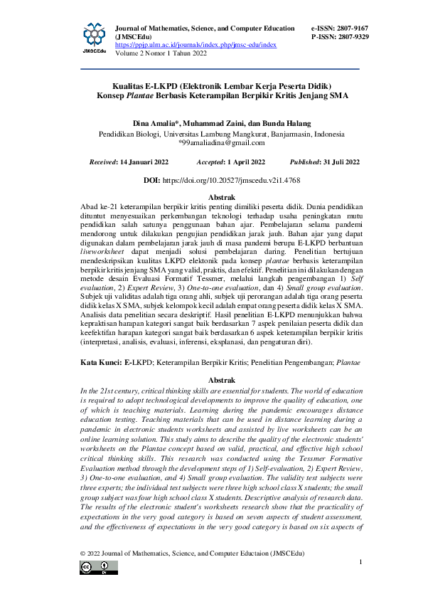 (PDF) Kualitas E-LKPD (Elektronik Lembar Kerja Peserta Didik) Konsep Plantae Berbasis ...