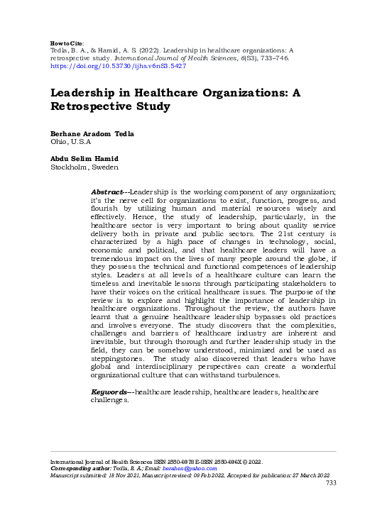 (PDF) Leadership in healthcare organizations