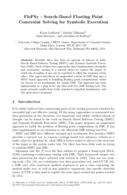 Pdf Flopsy Search Based Floating Point Constraint Solving For Symbolic Execution