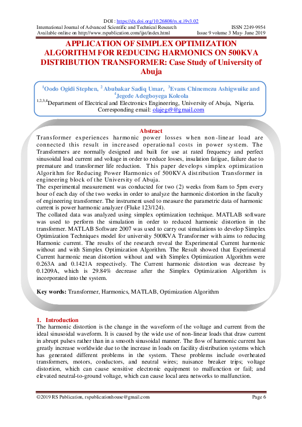 (PDF) APPLICATION OF SIMPLEX OPTIMIZATION ALGORITHM FOR REDUCING HARMONICS ON 500KVA ...