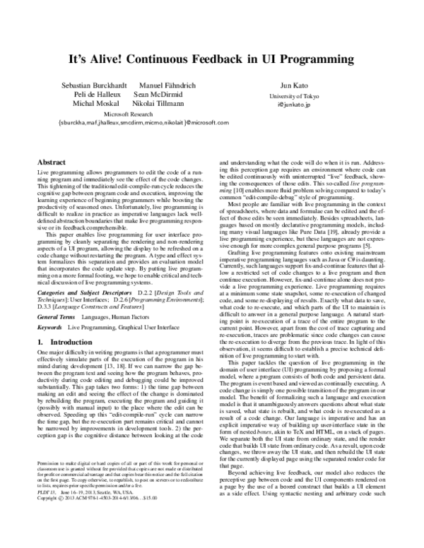 (PDF) It's alive! continuous feedback in UI programming