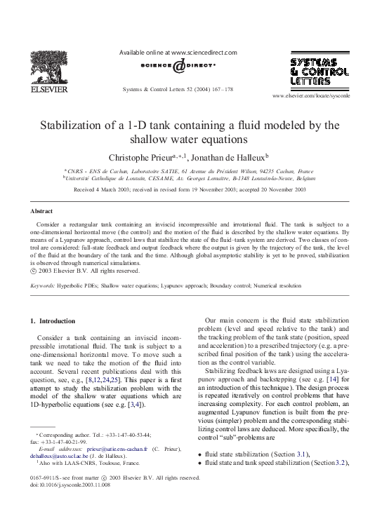 (PDF) Stabilization of a 1-D tank containing a fluid modeled by the ...