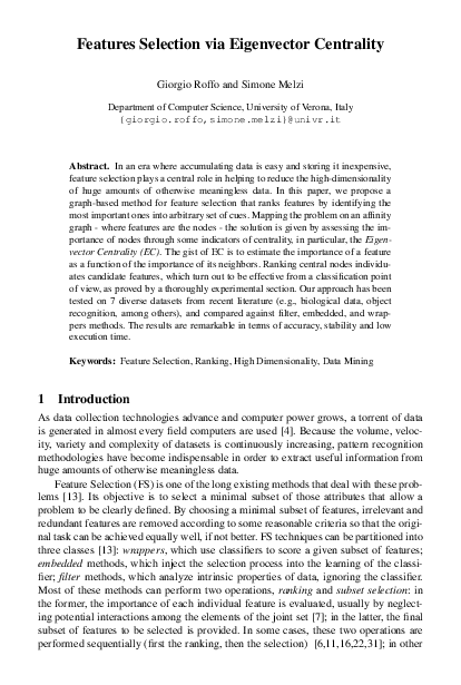 (PDF) Feature Selection via Eigenvector Centrality