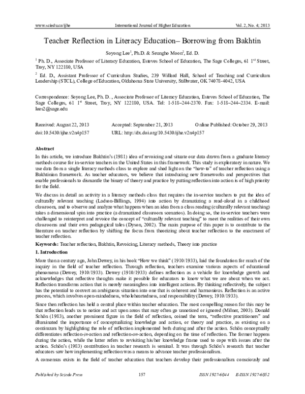 (PDF) Teacher Reflection in Literacy Education– Borrowing from Bakhtin | soyoung lee - Academia.edu