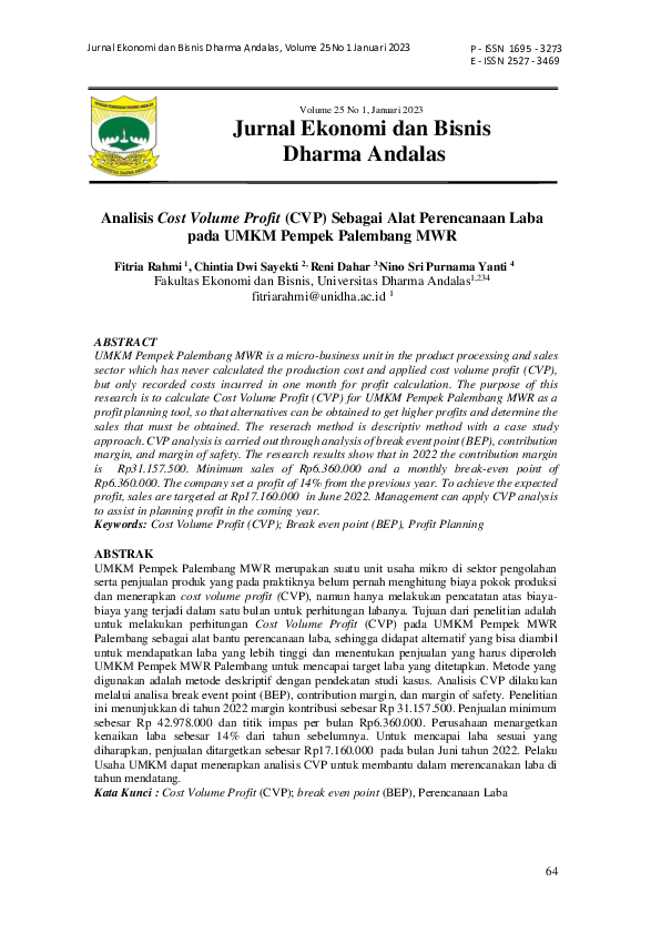 (PDF) Analisis Cost Volume Profit (CVP) Sebagai Alat Perencanaan Laba pada UMKM Pempek Palembang MWR