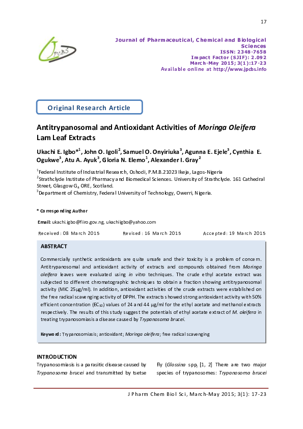 (PDF) Antitrypanosomal and Antioxidant Activities of Moringa Oleifera Lam Leaf Extracts