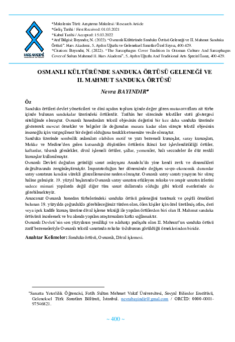 (PDF) Osmanli Kültüründe Sanduka Örtüsü Geleneği̇ Ve II. Mahmut Sanduka ...