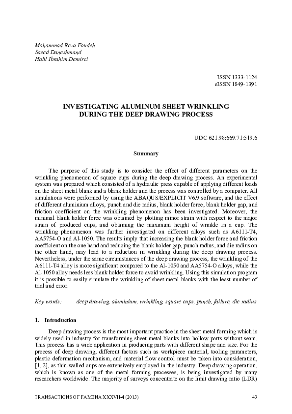(PDF) Investigating Aluminum Sheet Wrinkling During the Deep Drawing Process