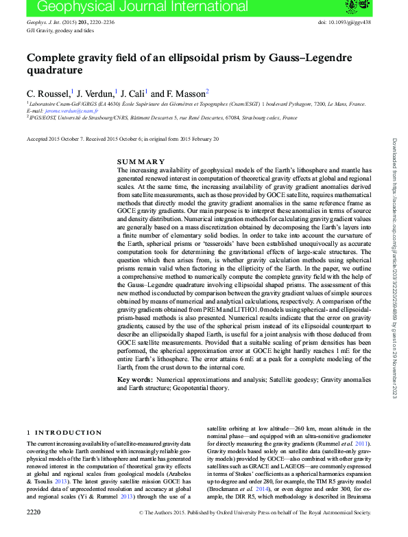 (PDF) Complete gravity field of an ellipsoidal prism by Gauss–Legendre ...