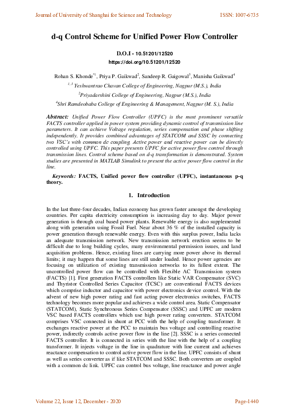 (PDF) d-q Control Scheme for Unified Power Flow Controller