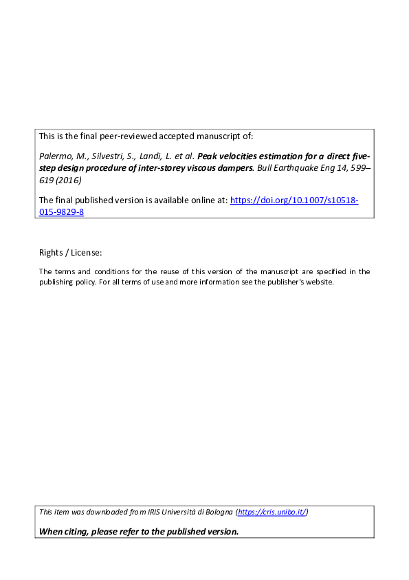 Pdf Peak Velocities Estimation For A Direct Five Step Design Procedure Of Inter Storey Viscous