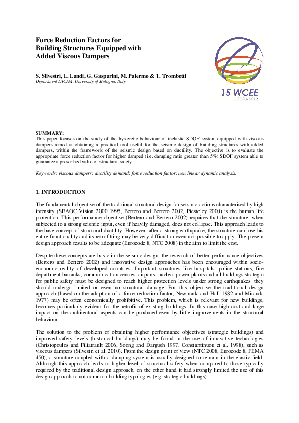 Pdf Force Reduction Factors For Building Structures Equipped With Added Viscous Dampers