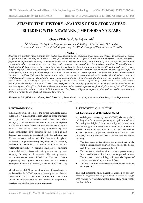Pdf Seismic Time History Analysis Of Six Story Shear Building With Newmark Method And Etabs