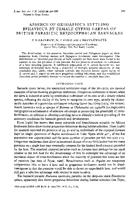 (PDF) Absence of gregarious settling Behaviour by female cypris larvae ...