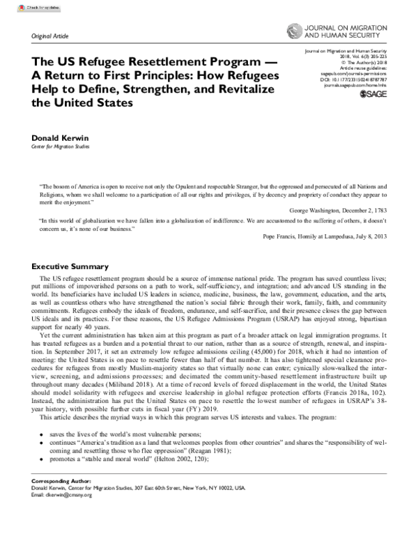 (PDF) The US Refugee Resettlement Program — A Return to First ...