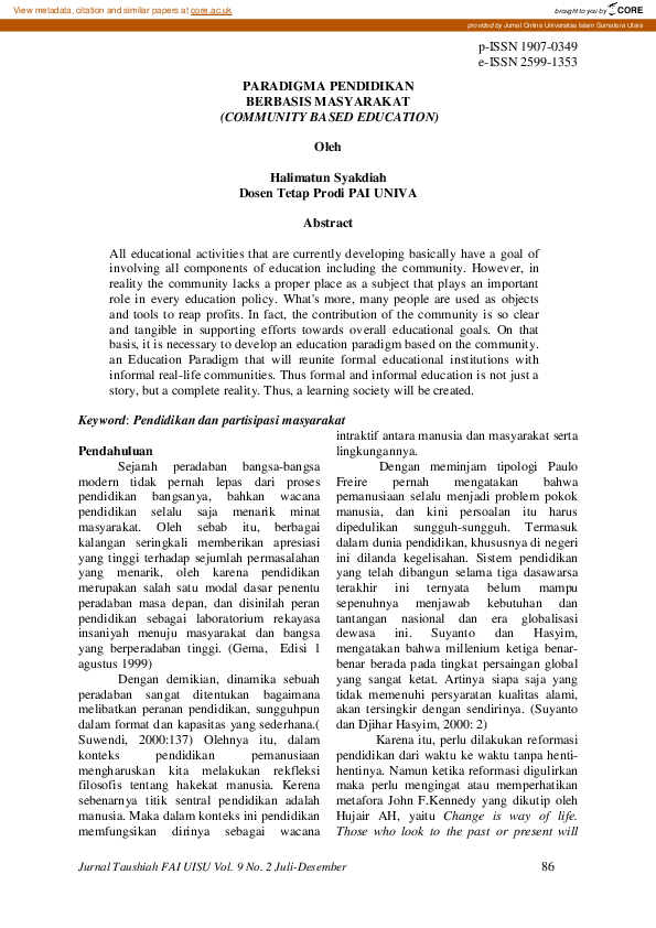(PDF) Paradigma Pendidikan Berbasis Masyarakat (Community Based Education)