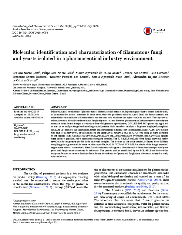 (PDF) Molecular identification and characterization of filamentous fungi and yeasts isolated in ...