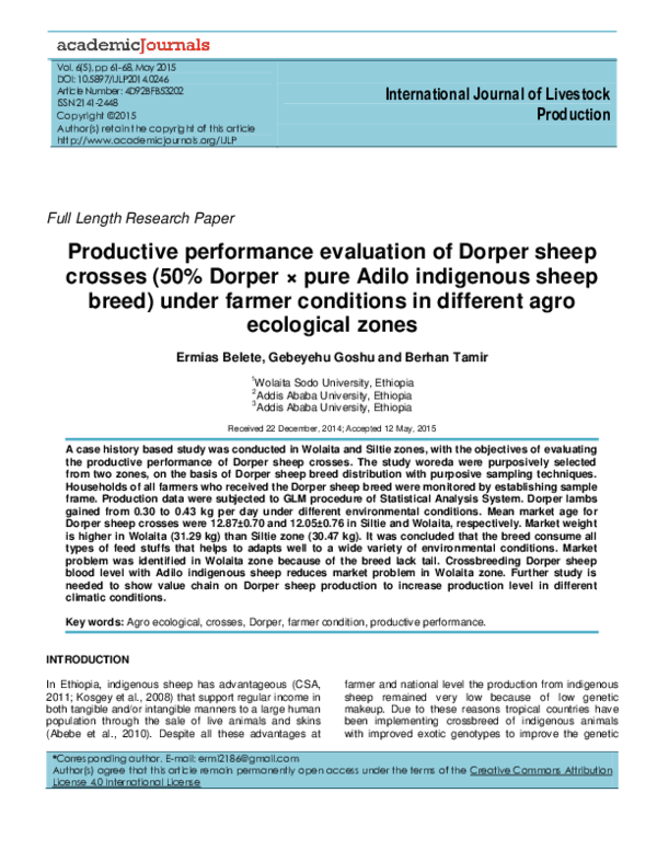(PDF) Productive performance evaluation of Dorper sheep crosses (50% ...