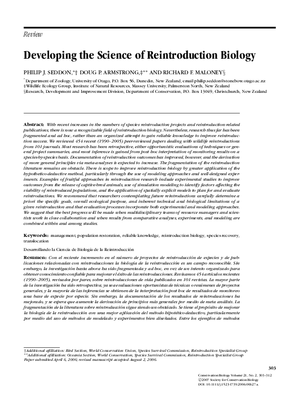 (PDF) Developing the science of reintroduction biology
