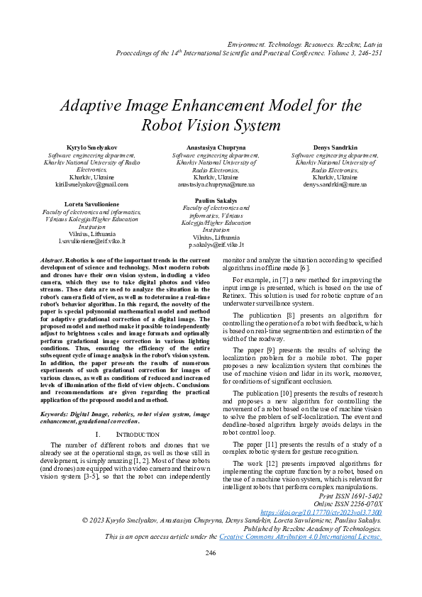 (PDF) Adaptive Image Enhancement Model for the Robot Vision System