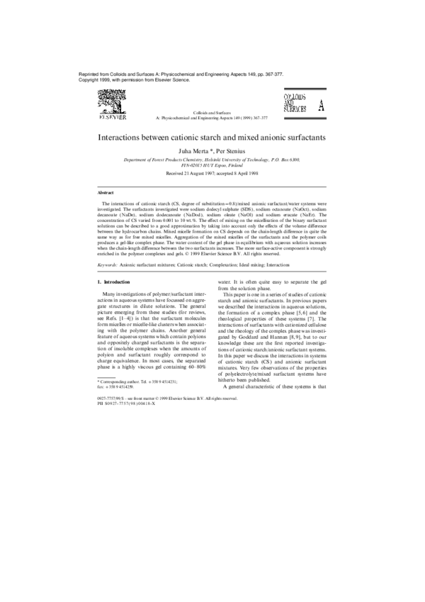 (PDF) Interactions Between Cationic Starch and Anionic Surfactants III ...