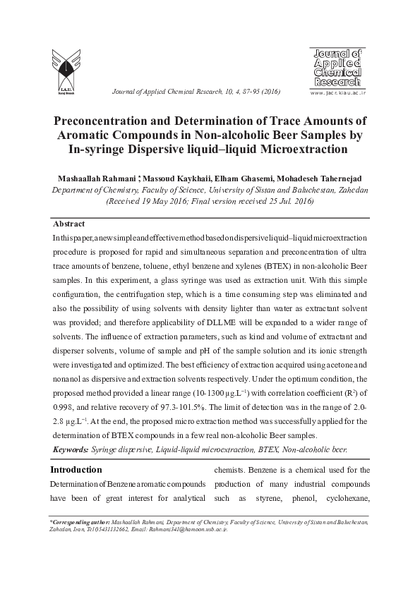 Pdf Preconcentration And Determination Of Trace Amounts Of Aromatic Compounds In Non Alcoholic