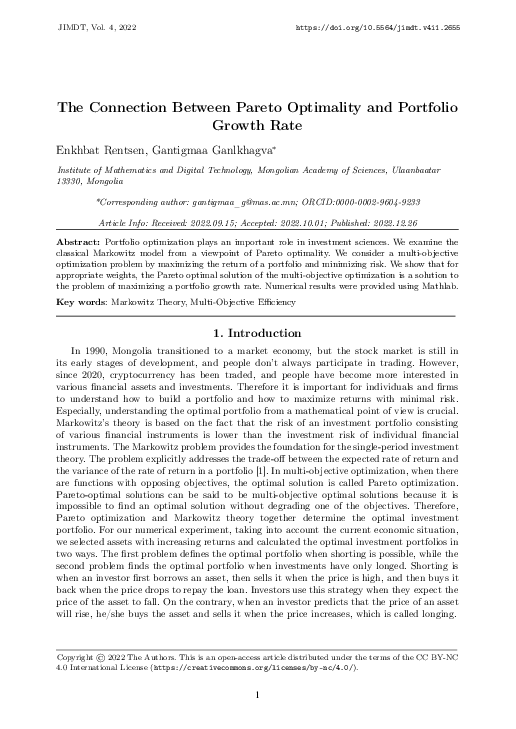 (PDF) Connection Between Pareto Optimality and Portfolio Growth Rate